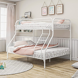 Miscoos Heavy Duty Twin-Over-Full Metal Bunk Bed, Easy Assembly, Enhanced Guardrail, Powder Coated, White, 77.95" L x 56.3" W x 58.66" H