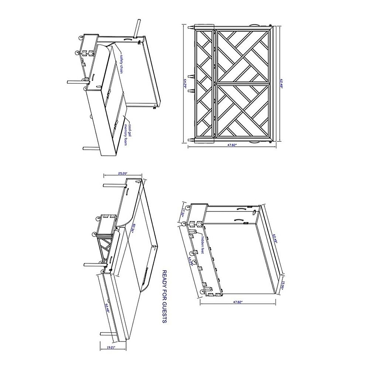 RoomAndLoft Queen Size Mobile Murphy Cabinet Bed in Solid Wood, in Brown, No Box Spring Needed, Pre-Assembled