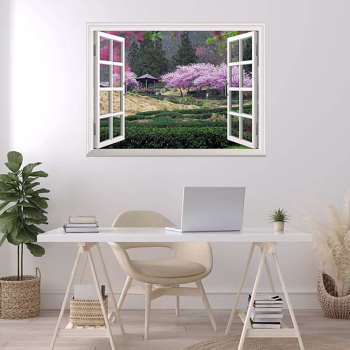 wall26 Modern White Window Looking Out Into a Japanese Garden with Cherry Blossom Trees and a Kiosk - Wall Mural, Removable Sticker, Home Decor - 36x48 inches