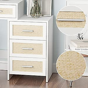 Maupvit Rattan Vanity Desk with Mirror and Lights, Boho Makeup Vanity Table Set with Nightstand, 5 Drawers & 10 Bulbs, Metal Silver Handle, 3 Open Shelves, Dressing Table with Cushioned Stool (White)