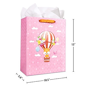 XJF Large Gift Bag for Girls with Card and Tissue Paper,13" Pink Baby Shower Birthday Gift Bags,Gift Bag for Girls Kids