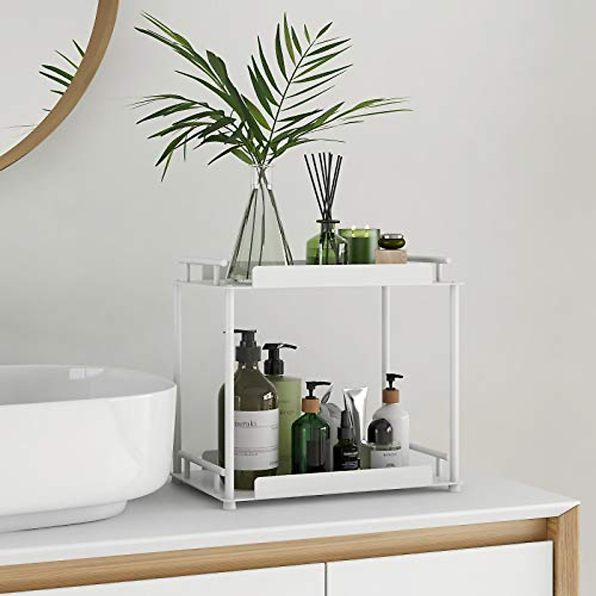 FLE Bathroom Organizer Countertop,2 Tier Bathroom Counter Organizer Kitchen Spice Rack Cosmetic Organizer,Countertop Storage Shelf for Bathroom, Kitchen, Living Room, Bedroom, Dressing Table,White