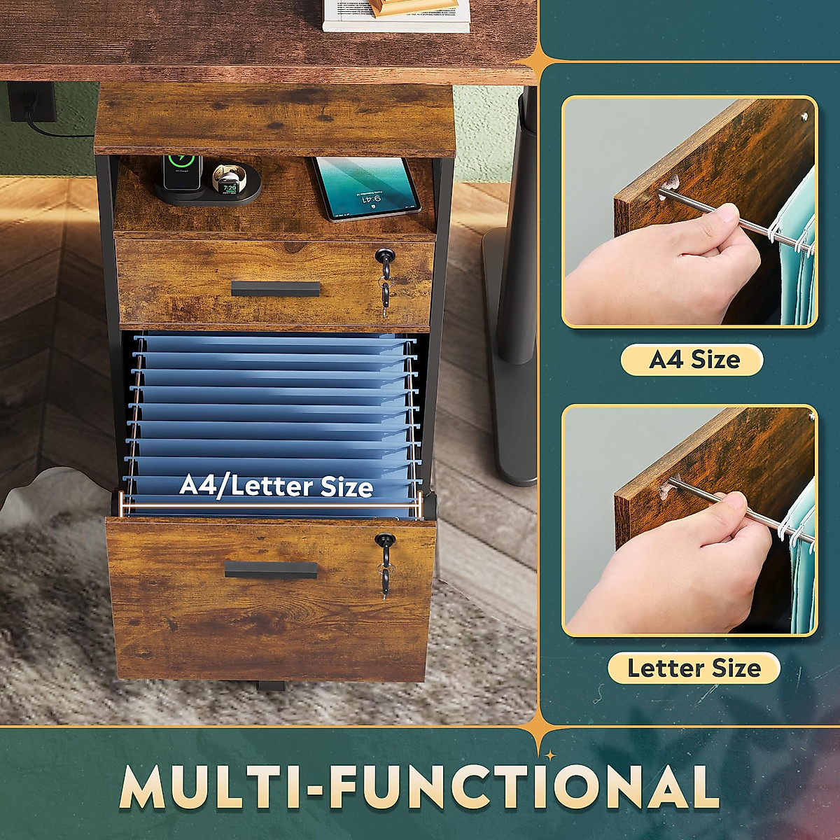 DEVAISE 2 Drawer File Cabinet, Mobile Printer Stand with Open Storage Shelf, Wood Filing Cabinet fits A4 or Letter Size for Home Office, Rustic Brown