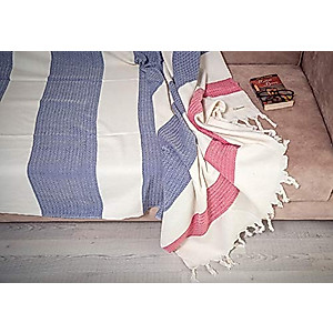 Bersuse 100% Cotton Aspendos XL Throw Blanket Turkish Towel - 60x90 Inches, Dark Blue-Red