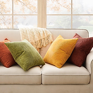 Topfinel Fall Burnt Orange Decorative Throw Pillows Covers 18x18 Inch Set of 4,Yellow Green Gradient Series Corduroy Striped Square Pillow Case,Western Modern Cushion Cover for Couch Sofa Bedroom