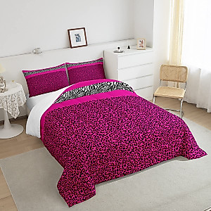 Manfei Pink Leopard Comforter Set Full Size, Black White Zebra Print Bedding Set 3pcs for Kids Boys Girls Room Decor, Wild Animal Print Quilt Set Cheetah Print Duvet Set with 2 Pillowcases