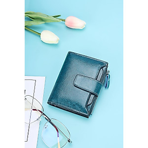 Lavemi Small Compact Women Wallet RFID Blocking Genuine Leather Bifold Purse with ID Windows(Peacock Green)