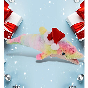 DolliBu Santa Large Rainbow Dolphin Stuffed Animal Plush Toy - Wild Animal Dress Up with Red Santa Claus Hat, Cute Wildlife Gift, Perfect Holiday with Name Personalization - 18 Inches