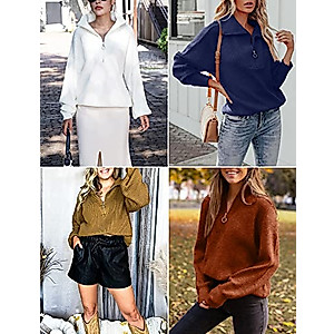 NATACATA Women's Half Zip Pullover Sweater Balloon Long Sleeve V Neck Collar Oversized Knit Fall Winter Tops Navy S