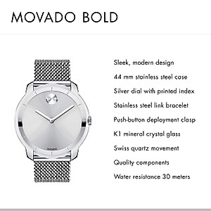 Movado Men's BOLD Thin Stainless Steel Watch with a Printed Index Dial, Silver (Model 3600260)