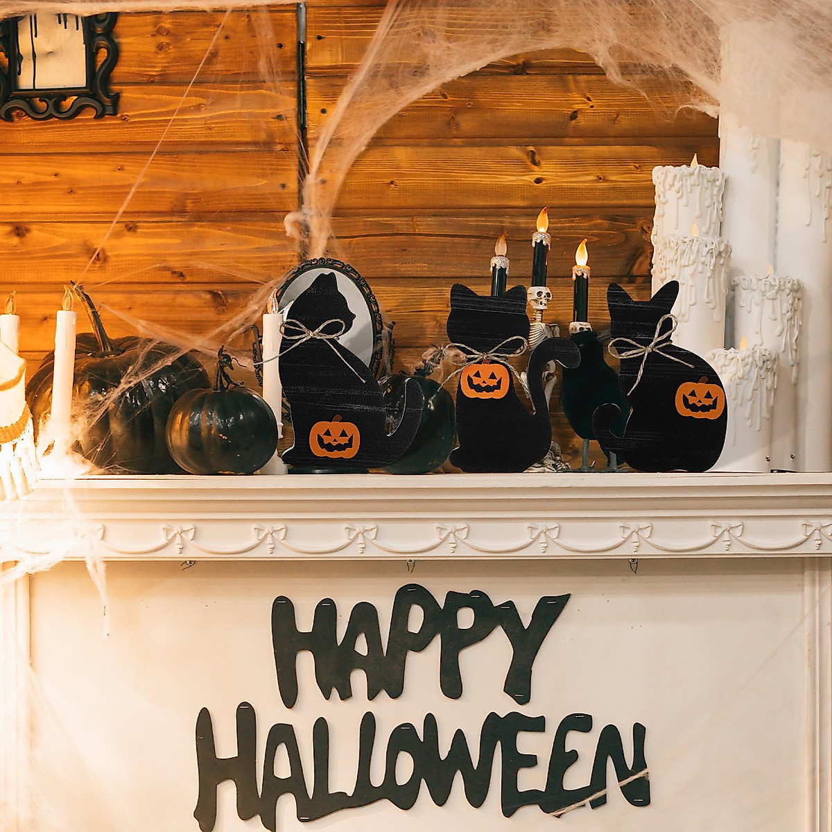 Redbaker 3 Pieces Halloween Black Cat Table Decor Black Cat Tabletop Block Sign Halloween Tiered Tray Decor Rustic Farmhouse Centerpieces for Home Shelf Party supplies