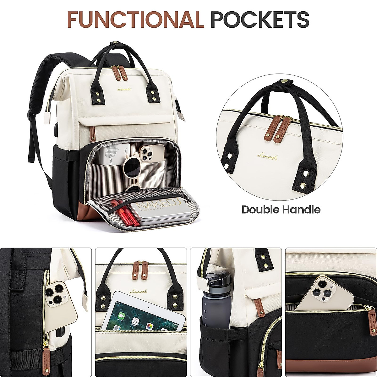 LOVEVOOK Laptop Backpack Purse for Women Men, Nurse Work Business Travel Backpack Bag, Wide Open Backpack, Lightweight Water Resistent Daypack with USB Charging Port, 17.3 inch, Beige-Black-Brown