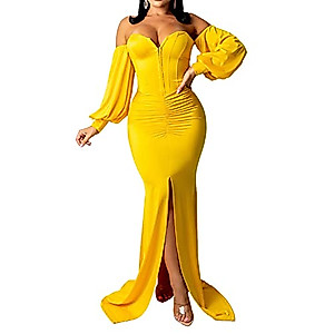 Uni Clau Women's Sexy Off Shoulder Maxi Dress V Neck Lantern Long Sleeve Split Gown Cocktail Mermaid Formal Dresses Yellow 2XL