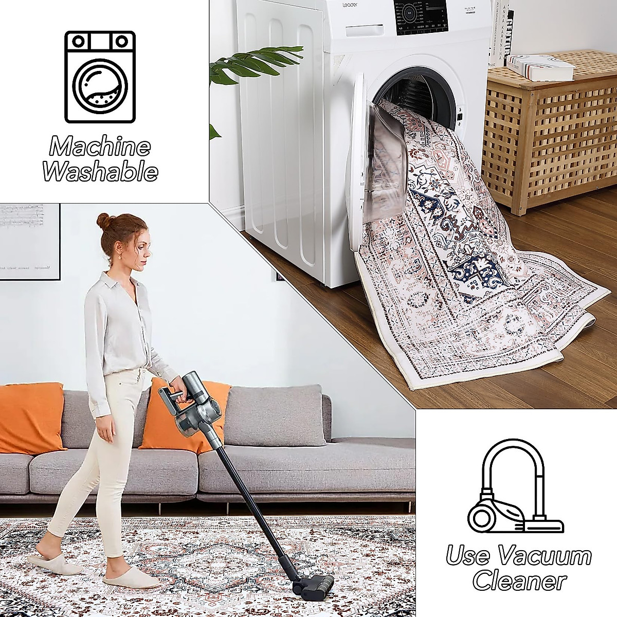 GAOMON Washable Area Rug 8x10 Bohemian Rug Soft Low-Pile Washable Rug with Non-Slip Backing, Grey Plant Floral Pattern Vintage Rug for Living Room Bedroom Dining Home Office,8x10