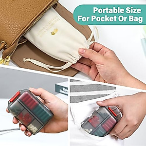 1 Pack Travel Pill Organizer w Labels & 1 Drawstring Pouch, Small 10 Compartments Pocket Pharmacy, Handy Pill Holder Box - Portable Medicine Container Case - Daily Weekly Medication Organizer - Grey