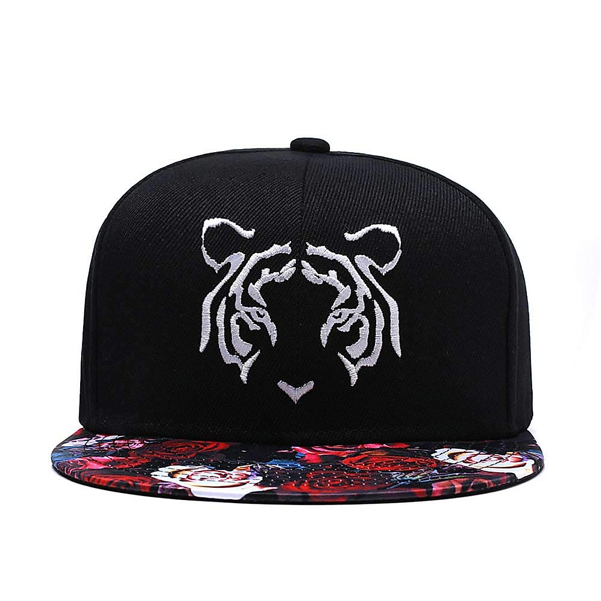 Floral Printed Snapback Hat Mens Womens Hip Hop Flat Bill Tiger Adjustable Baseball Cap Black