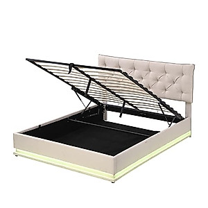Prohon Queen Size Platform Bed with Hydraulic Storage System and Sensor LED Light, Modern Upholstered Bed Frame w/Button-Tufted Design Headboard, No Box Spring Needed, Wooden Slats Support, Beige