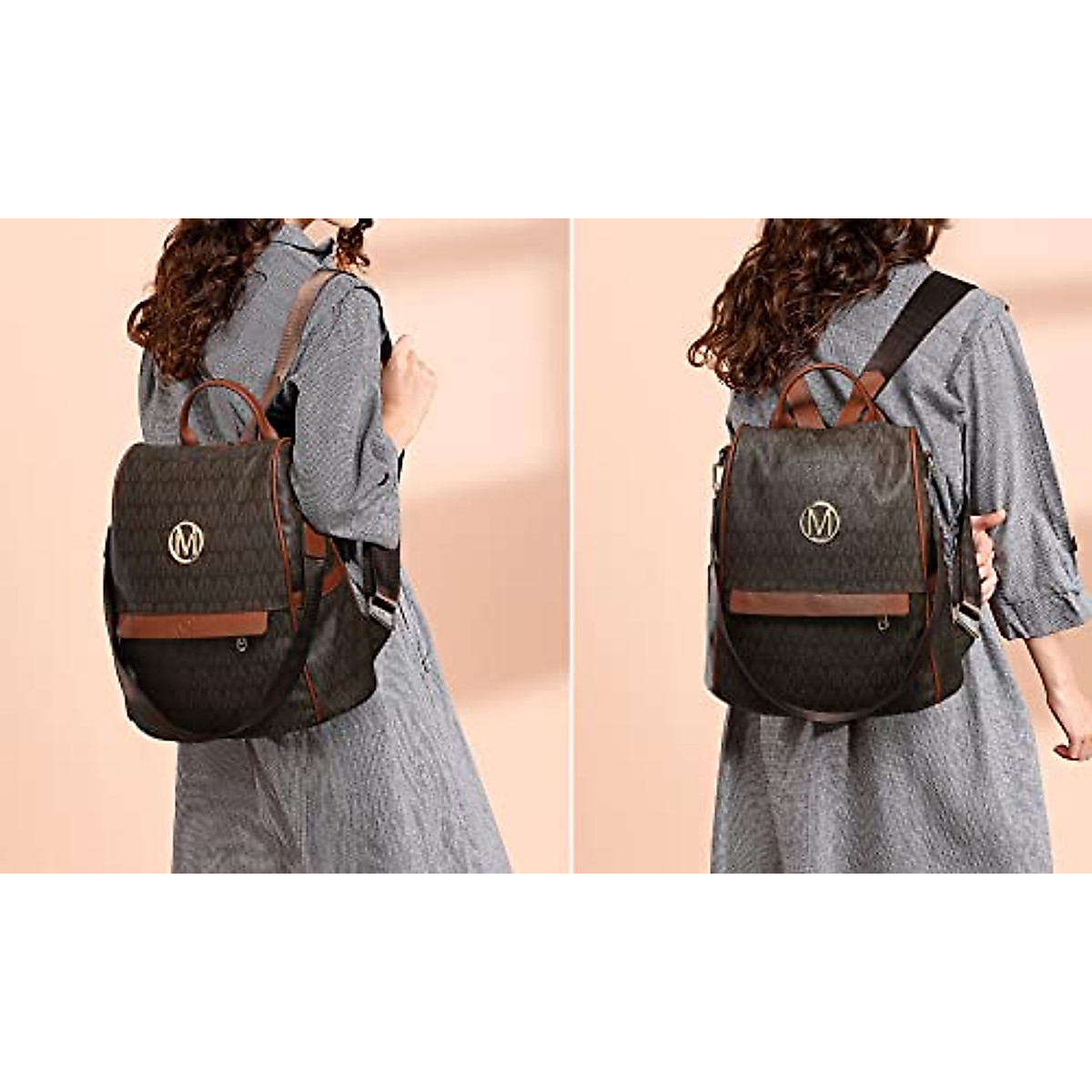 MKP Women Fashion Medium Anti-theft Backpack Purse (Coffee and Blue)