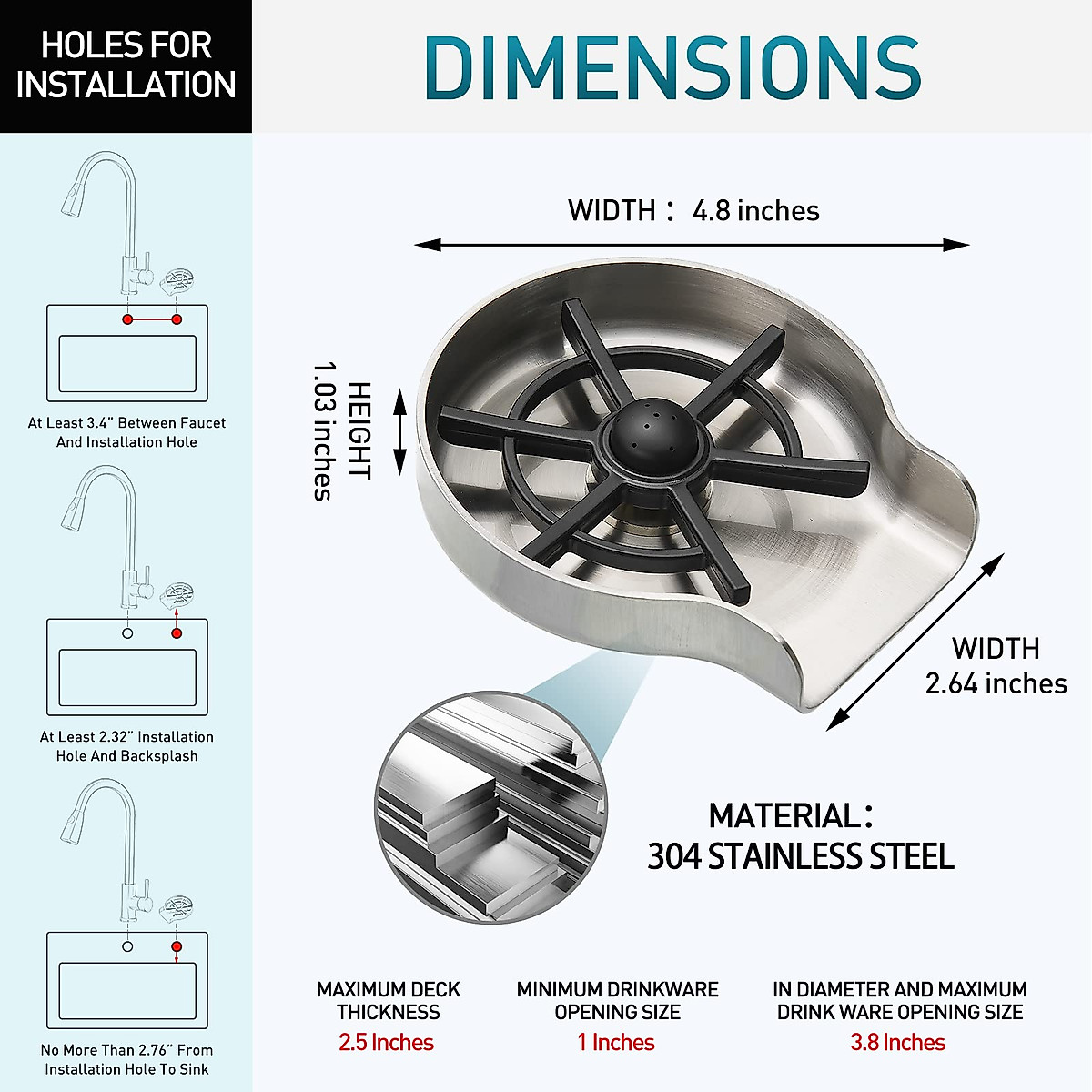 POKIM Glass Rinser for Kitchen Sink Stainless Steel Bottle Washer for Bar Sink Brushed Nickel High Pressure Rinse Cup Cleaner Accessories Solid 304 SUS Mode Replacement