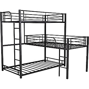 ATH-S Metal Bunk Bed with Desk, Twin Over Twin Over Full Bunk Beds, L-Shaped Metal Triple Twin Over Full Bunk Bed Teens Adult, Black with Desk (Color : Black)