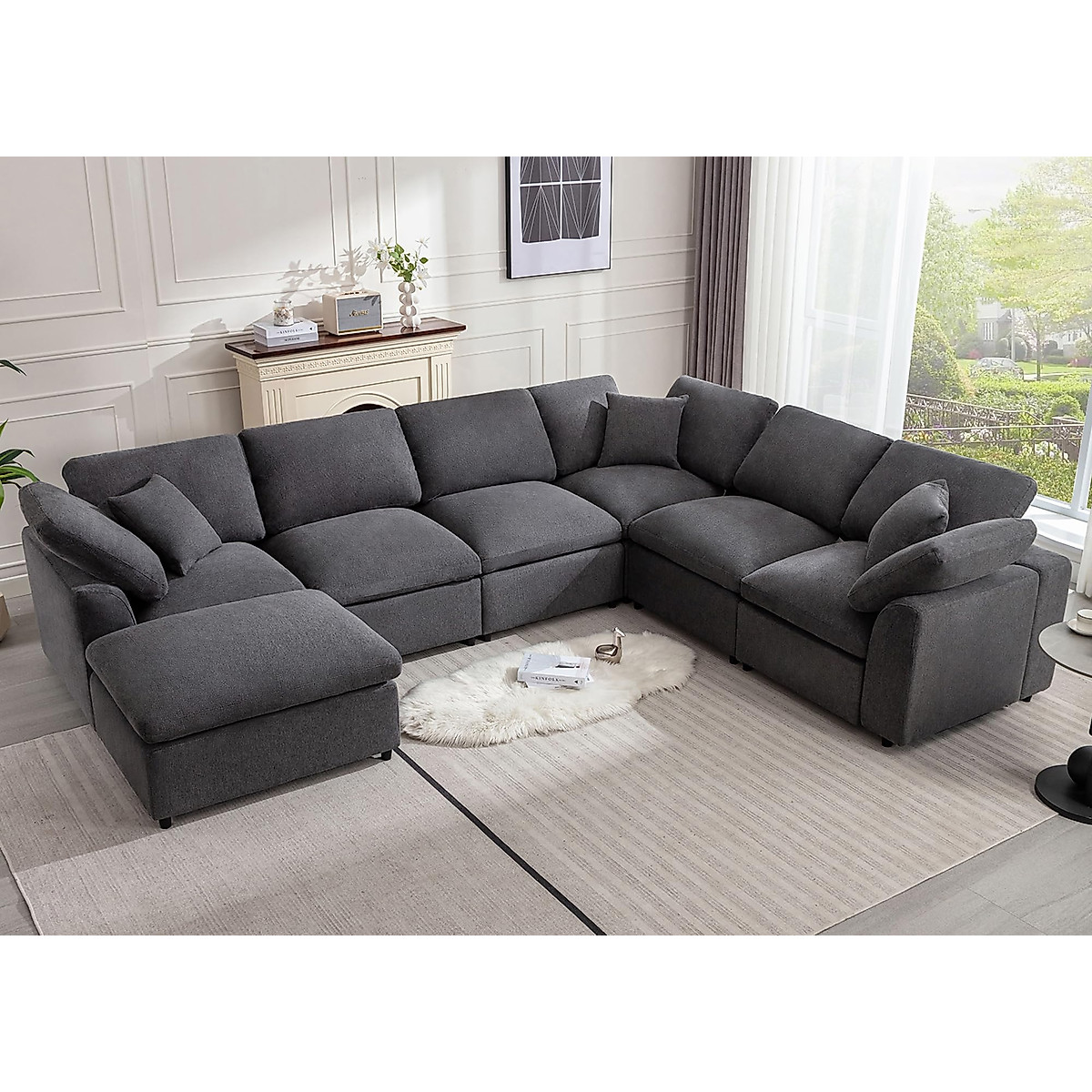 Siiejia Modular Sectional Sofa Modern Oversized Cloud Couch with Movable Ottoman 7 Seater L-Shaped Sofas Comfy Couches for Living Room Spacious Space Office Lounge, Dark Grey