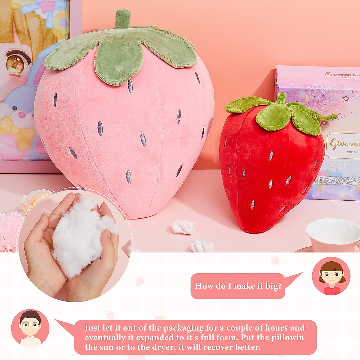 Juexica 2 Pcs Strawberry Plush Pillows Fruit Kids Pillow Soft Kawaii Strawberry Decor Aesthetic Cute Pillows Stuffed Strawberry Pillow for Room Home Car Decoration Birthday Gifts, Red Pink