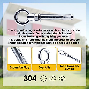 5 PCS M8 Expansion Eyebolt Bolt, Heavy Duty 304 Stainless Steel Eye Ring Screw Fastener for Wall Concrete Brick Anchor