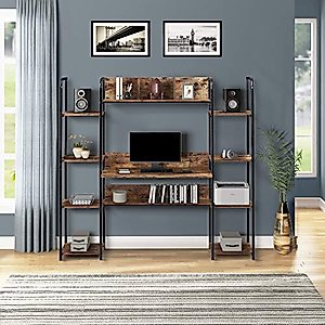 Goujxcy Industrial Computer Desk with Storage Hutch Shelves Bookshelf, Wooden Metal Laptop Workstation Reading Writing Desk, Brown Home Office Desk