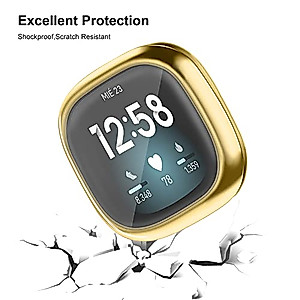 Vanjua Compatible with Fitbit Versa 3 Screen Protector Case, [3 Pack] Soft TPU Bumper Full Around Protective Cover for Fitbit Versa 3 & Fitbit Sense Smartwatch Accessories (Gold+Gray+Clear)