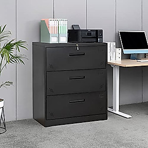 Yone jx je 3 Drawer Lateral Filing Cabinet for Legal/Letter A4 Size, Large Deep Drawers Locked by Keys, Locking Wide File Cabinet for Home Office, Metal Steel (Black)