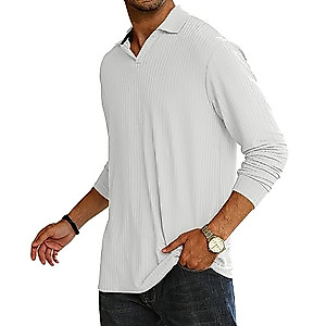 Lexiart Mens V Neck Polo Shirts Casual Long Sleeve Slim Fit Golf T-Shirts Cotton Top Tees White