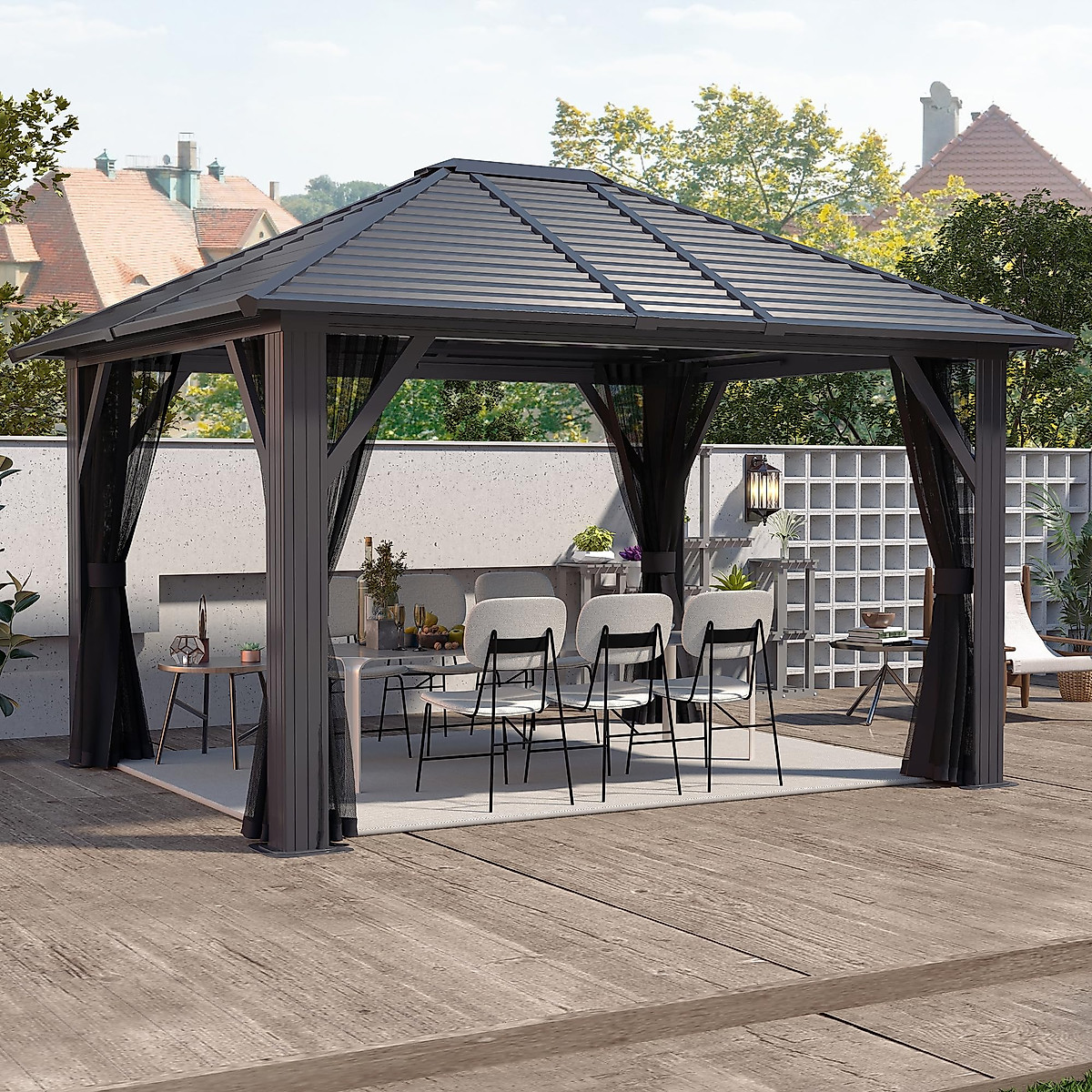 GARTOO 10' x 12' Patio Hardtop Gazebo - Outdoor Metal Hard Top with Breathable Mesh, Galvanized Steel Top Gazebo for Garden, Lawn, Outdoor Party (Black)