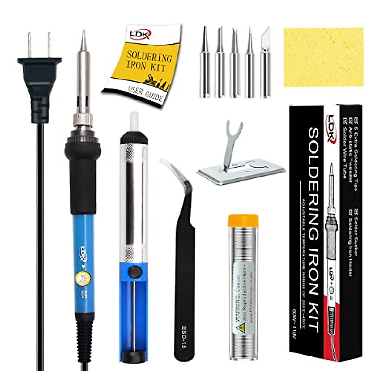 LDK Soldering Iron Kit Electronics, [Upgraded] Full Set 60W 110V Adjustable Temperature Welding Tool with 5pcs Different Tips, Stand, Tweezers, Sponge, Flux Pen, Solder Wire and User Manual