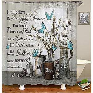 OLEBETY 4PCS/Set Inspirational Quotes Shower Curtain, Blue Butterfly White Cotton Flower Vintage Floral Country Rustic Farmhouse Bathroom Decor, Non-slip Bath Mat, Amazing Grace