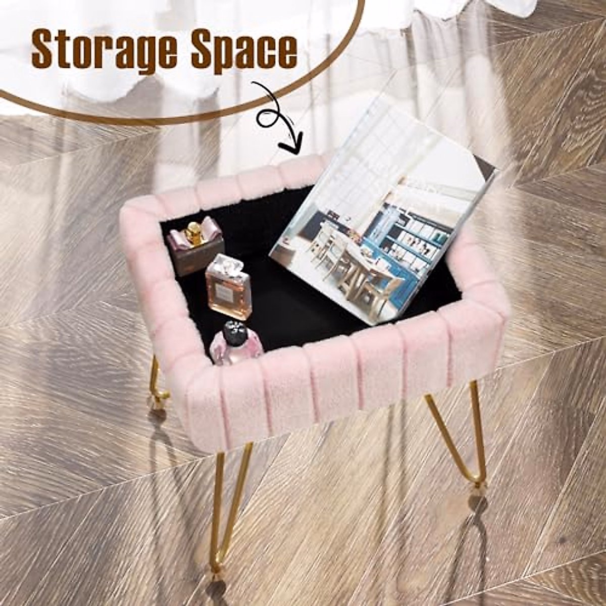 Greenstell Vanity Stool Chair Faux Fur with Storage, 15.7"L x 11.8"W x 19.4"H Soft Ottoman 4 Metal Legs with Anti-Slip Feet, Furry Padded Seat, Modern Multifunctional Chairs for Makeup, Bedroom Pink