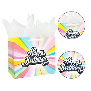 13" Large Happy Birthday Gift Bag with Handles, Tissue Paper and Card (Colorful Rainbow)