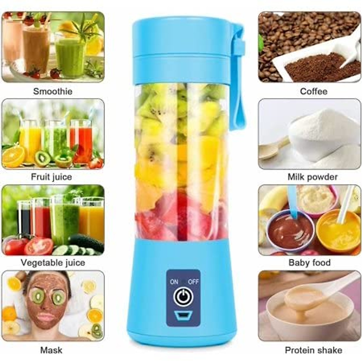 Portable Blender Smoothies Personal Blender Mini Shakes Juicer 380 ml Cup USB Rechargeable Cordless Shaker Bottle (Blue), 8x3 (Q2-6888)