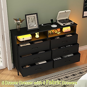 Dresser for bedroom, Fabric Black Bedroom Dresser with LED Lights and Charging Station, 6 Long Drawers Dresser, Tall Wide Chest of Drawers Storage Organizer TV Stand for up to 60" TV for Living Room