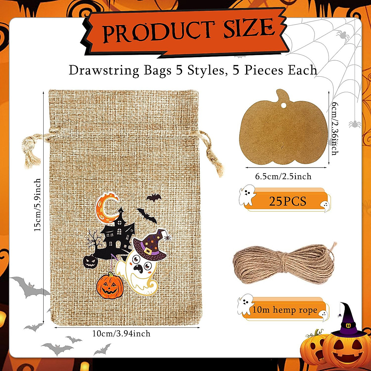 HUAERLE 25 Packs Halloween Burlap Bags, Halloween Burlap Gift Bags with Pumpkin Cards, Halloween Linen Jute Bag, 4''x6'' Drawstring Gift Bag, Trick or Treat Drawstring Bags for Halloween Party Favor