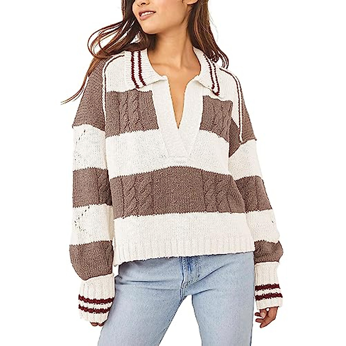 Women's 2023 Fall Casual Oversized Pullover Sweaters Lapel Collar V Neck Long Sleeve Cable Knit Striped Jumper Top Brown L