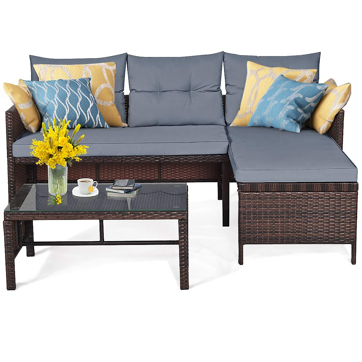 Moccha Patio Furniture Sets, Sectional Sofa Set, includes Lounge Chaise, Loveseat & Coffee Table, All Weather Rattan Wicker Couch w/Washable Seat Cushions, Patio Garden Lawn Backyard Furniture (Grey)