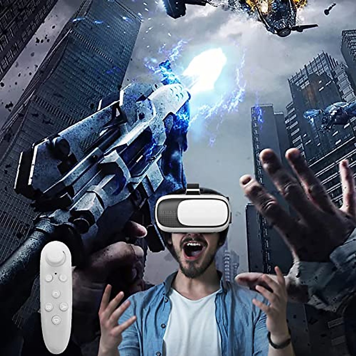 VR Generation 2 3D Glasses, Mobile Cinema Game VR Smart Glasses, Smart Glasses Game Handle Set Wireless Bluetooth Connection for Android /iOS/PC(Two Eyes Within 600 ° Can Be Adjusted)