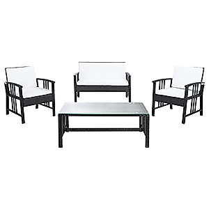 SAFAVIEH Outdoor Collection Reslor Wicker Cushion 4-Piece Living Set PAT7713A, Black/White