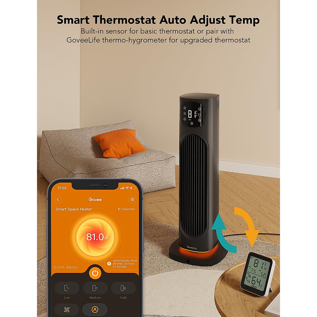 GoveeLife 24" Space Heater, 80° Oscillating Smart Electric Heater with Thermostat, WiFi APP & Voice Control, 4 Mode, 24H Timer, Night Light, 1500W Tower Ceramic Heater for Indoor Use, Large Room