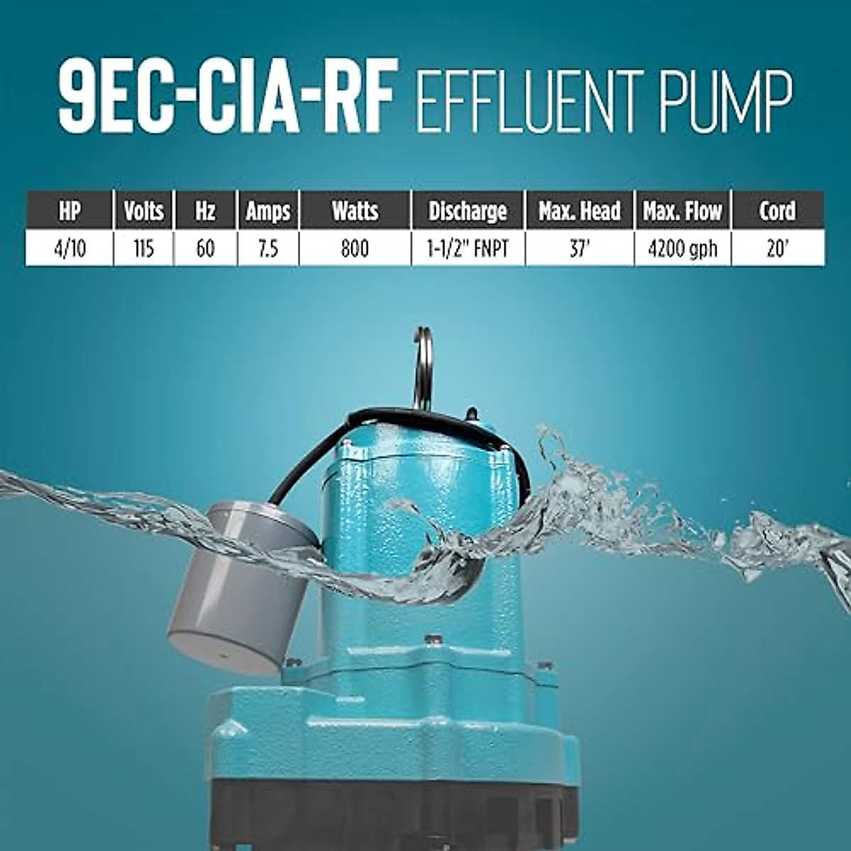 Little Giant 9EC-CIA-RF 115 Volt, 4/10 HP, 4200 GPH Automatic Cast Iron Sump/Effluent Pump with Piggyback Float Switch and 20-Ft. Cord, Blue, 509801