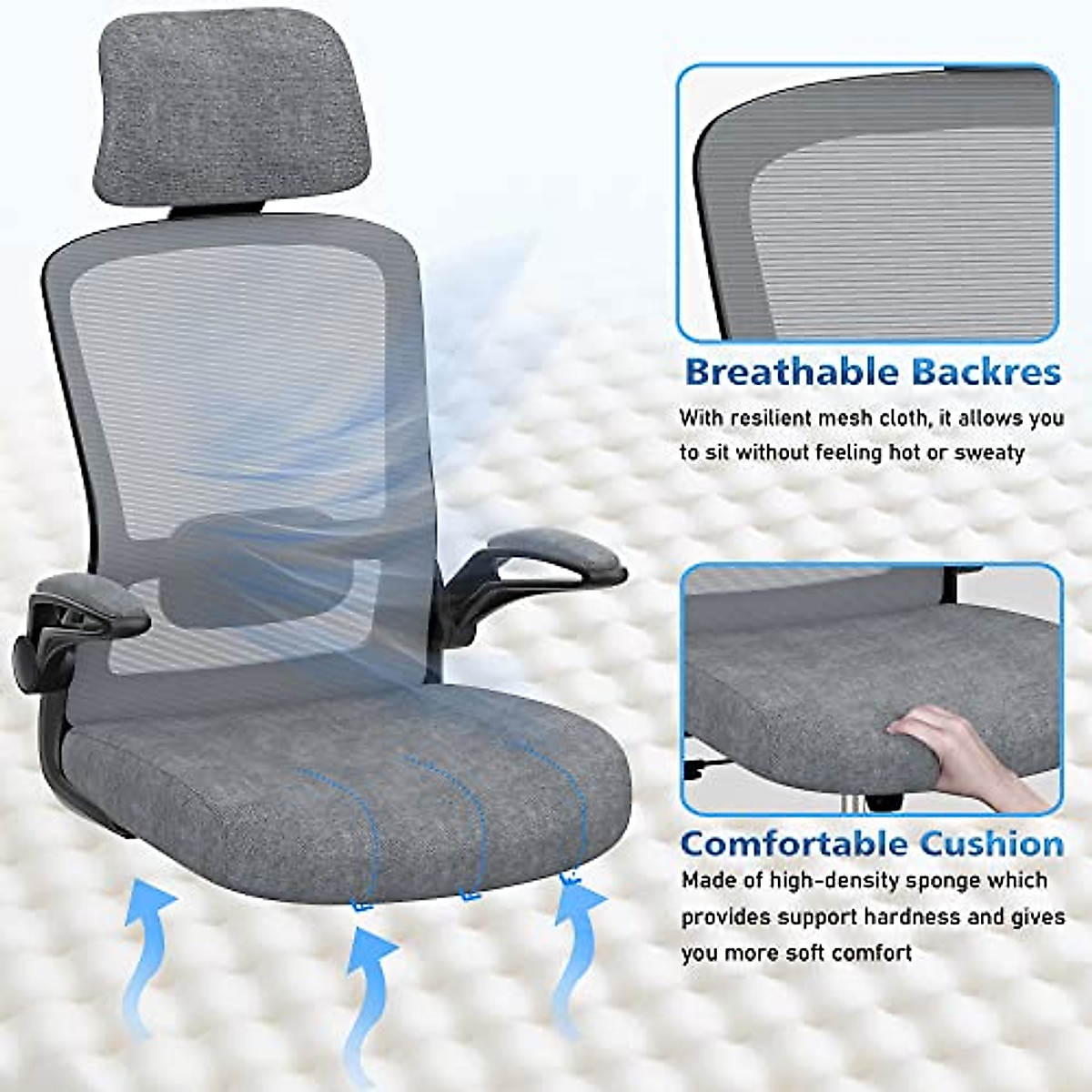 Ergonomic Office Chair, Home Office Desk Chair with Adjustable Headrest & Lumbar Support. High Back Mesh Computer Chair with Thickened Cushion &Flip-up Armrests, Task Executive Chair (Graphite)