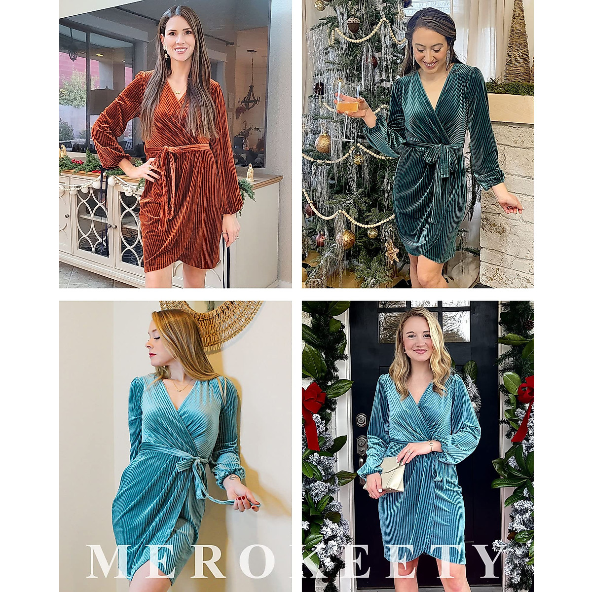MEROKEETY Women's 2024 Long Sleeve Wrap Velvet Mini Dress Sexy V Neck Cocktail Party Club Dress, Olive, M