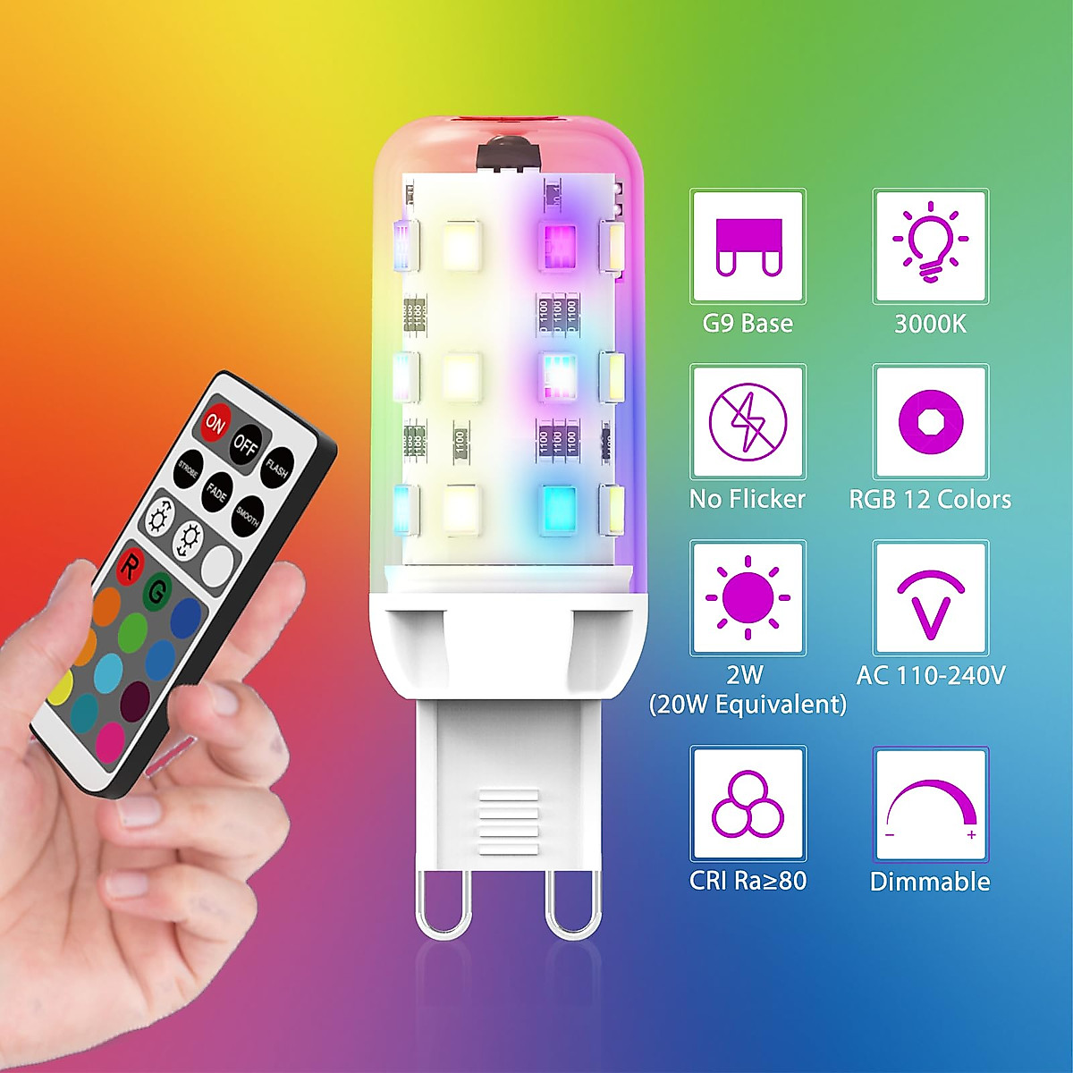 Aegislogic AEG G9 RGB Color Changing LED Bulbs, Remote Control & Dimmable, 2W Replaces 20W Halogen, 4 Moods, T4 Bi-Pin Base, 300LM, 3000K (2 Pack) - Color Changing Light Bulb with Remote
