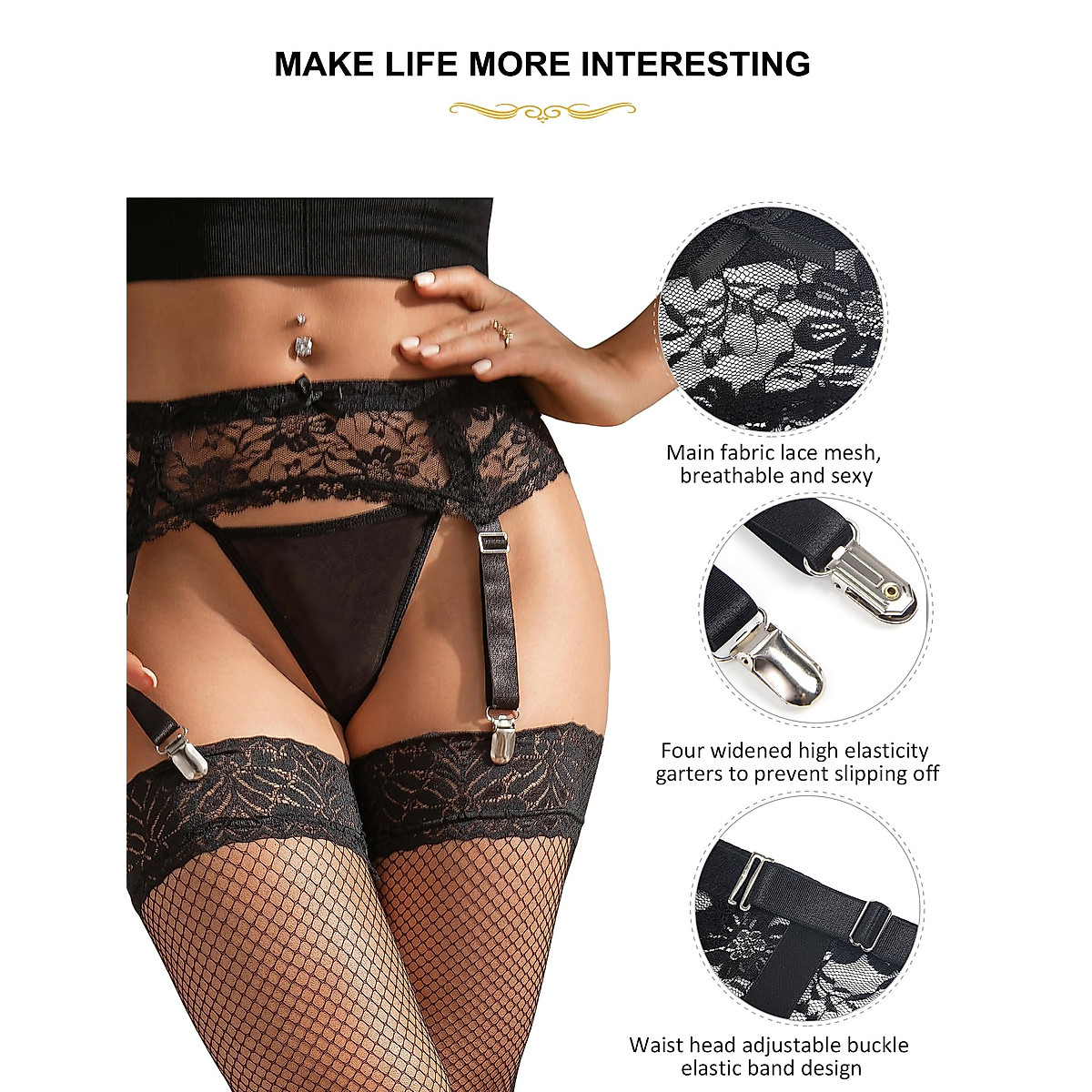Lace Plus Size Garter Belt for Women Floral Black Sexy Lingerie Suspenders Panties with 4 Metal Clips for Stocking M-L