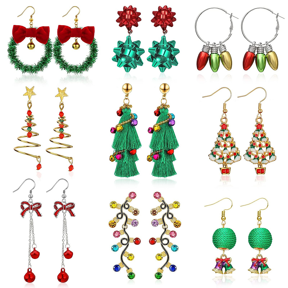 9 Pairs Christmas Earrings Holiday Earrings Christmas Tree Ball Snowflake Candy Bow Dangle Earrings Set for for Women(Tree Style)
